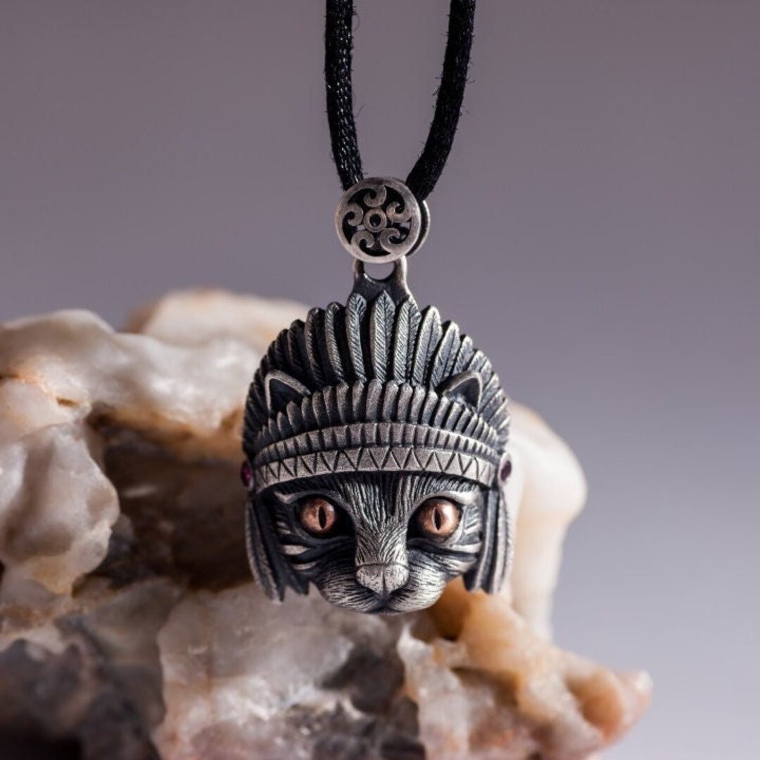 Oxidized Sterling Silver Chief Cat Necklace, Indian Chief Cat Pendant ...