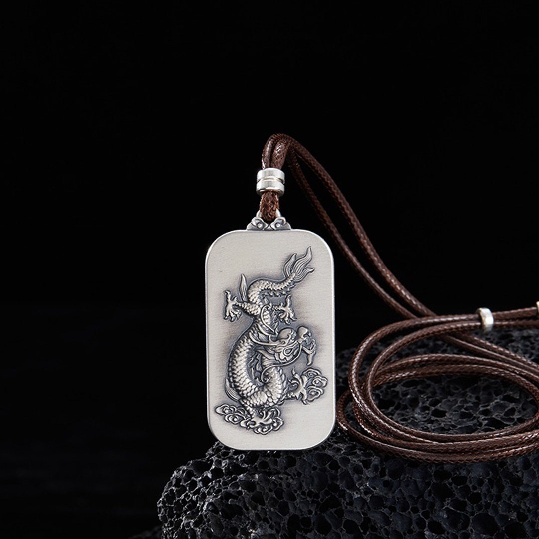 Silver Dragon Pendant, Dragon Head Necklace, Rectangle Pendant, Dragon ...