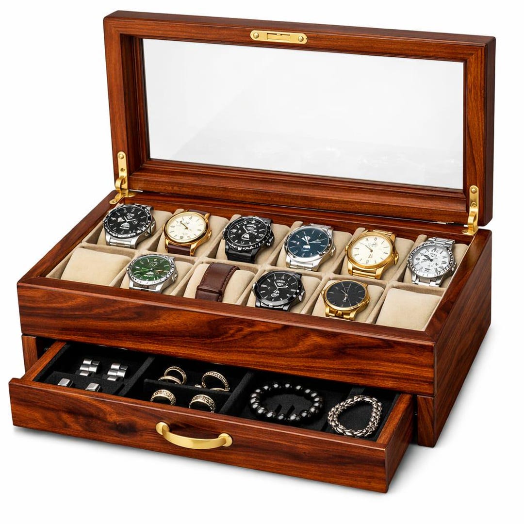 Handcrafted Wooden Watch Box for 10 Watches, Jewelry Organizer With ...