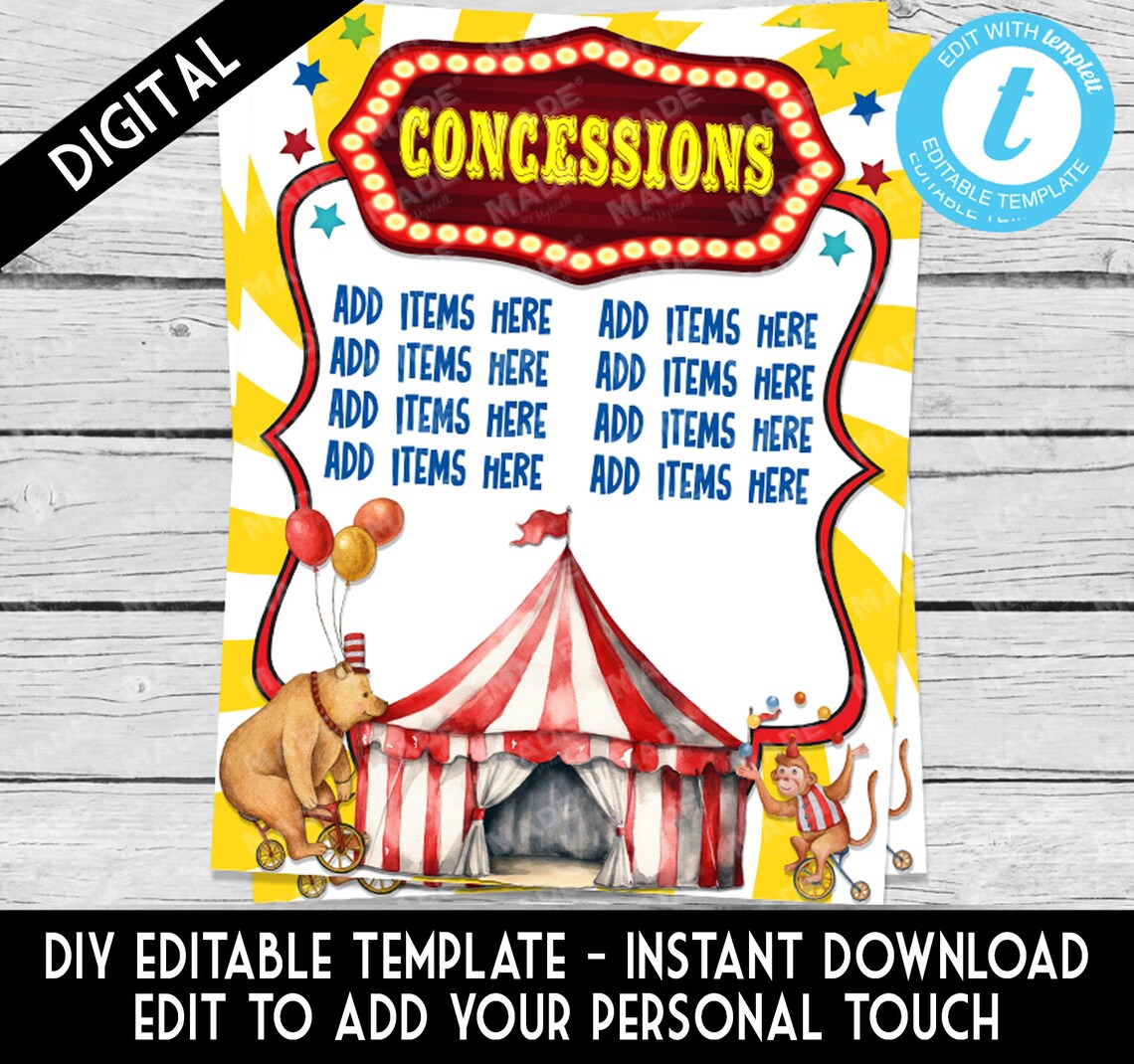 Editable CIRCUS/CARNIVAL Concessions Menu Sign - TEACHER Appreciation ...