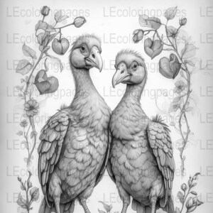 Grayscale Adult Coloring Page, Intricate Dodo Birds and Flowers ...