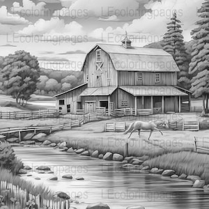 Grayscale Coloring Pages for Adults, Detailed Farm Scene Coloring Page ...