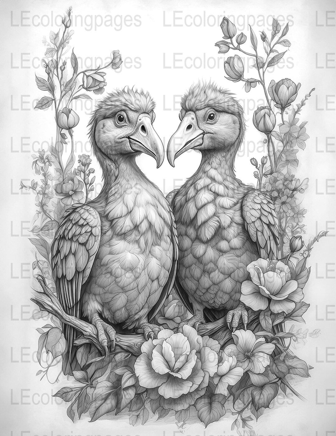 Adult Coloring Page Grayscale Dodo Birds and Flowers, Printable Vintage ...