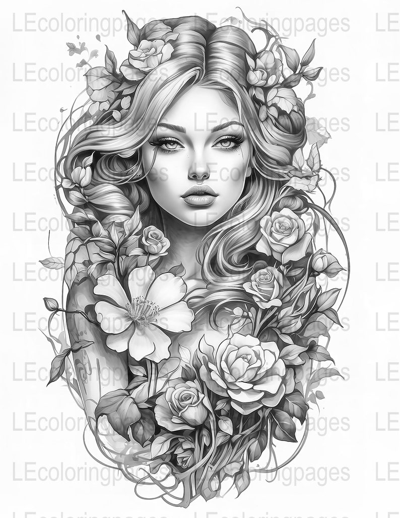 Adult Coloring Page, Grayscale Printable, Woman Portrait, Stress Relief ...