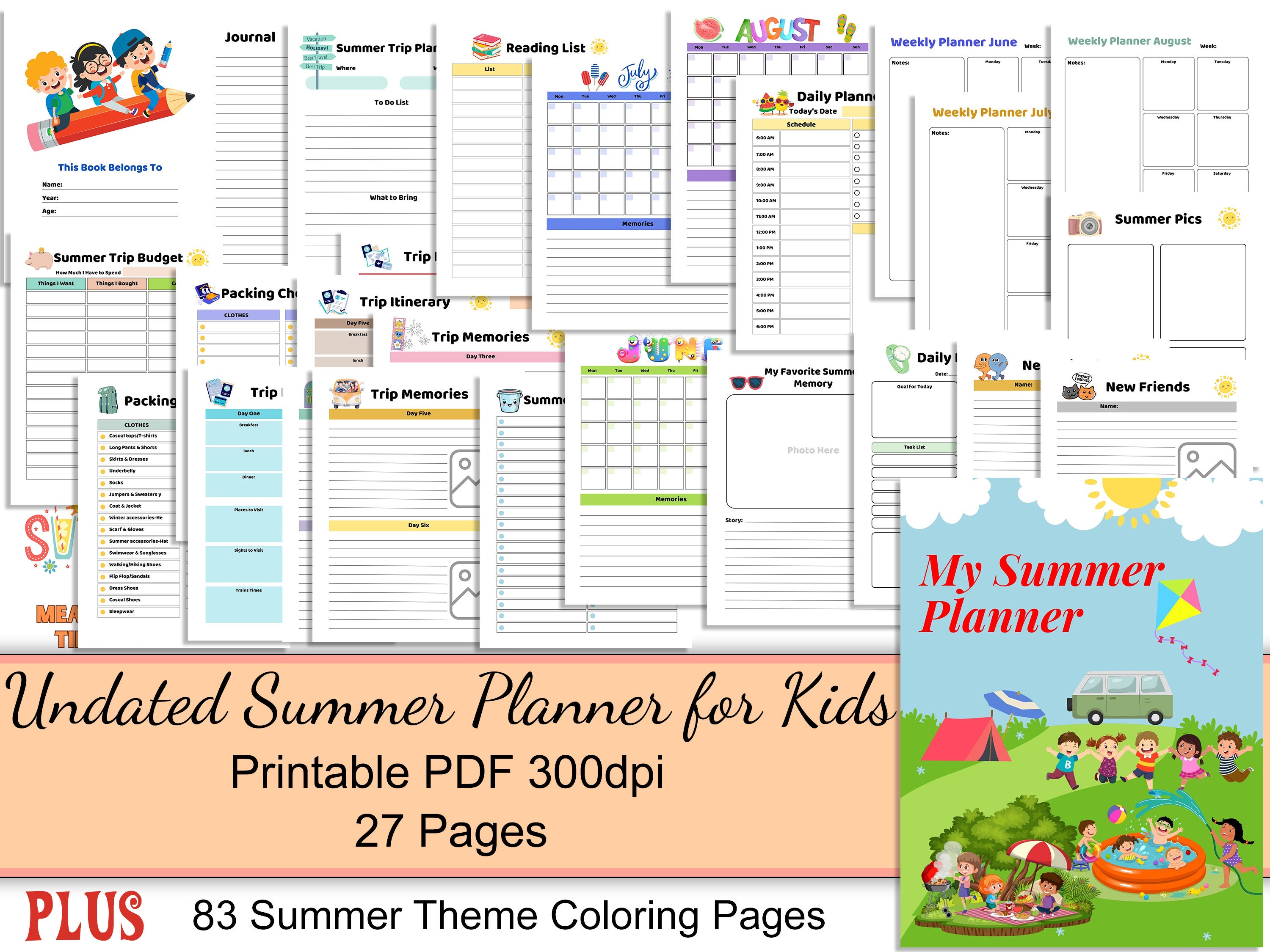 Printable Kids Summer Planner and Coloring Pages, 27 Planner Pages, 83 ...