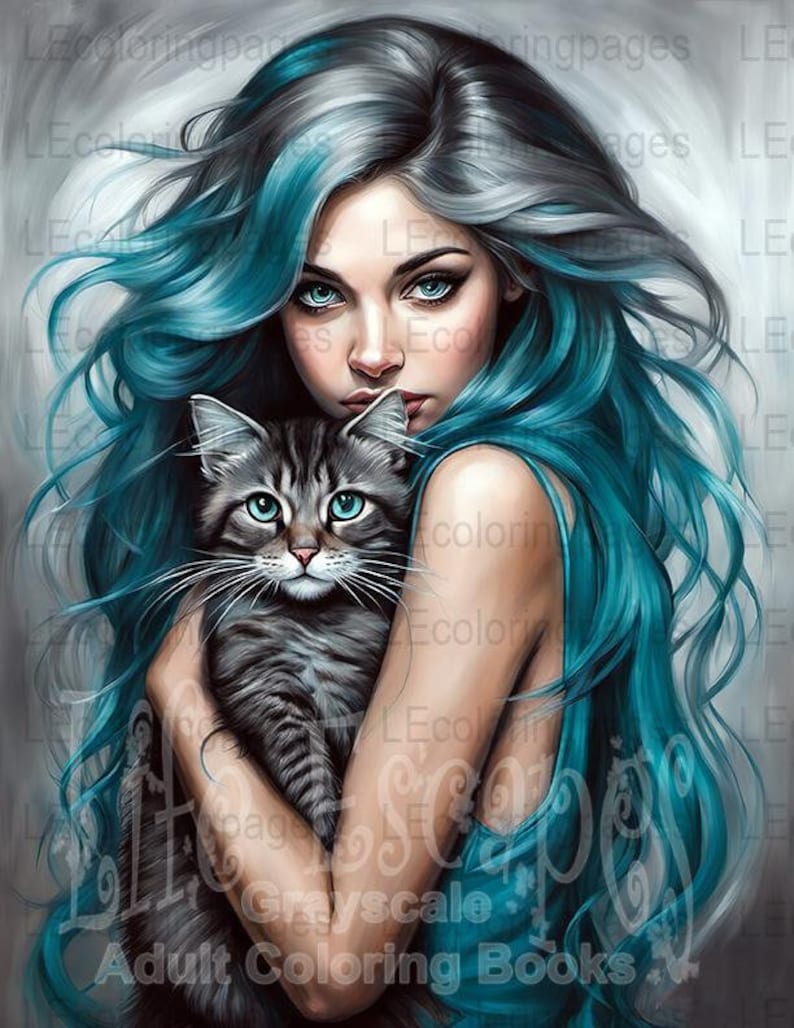 Gothic Cat Girl Grayscale Coloring Page for Adults 16 - Etsy