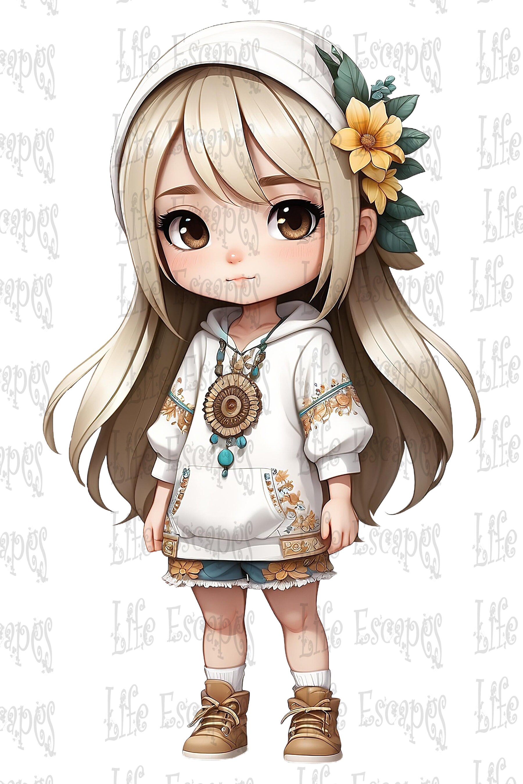 Chibi Boho Girl Digital Clipart Set, Light Skin, Instant Download ...