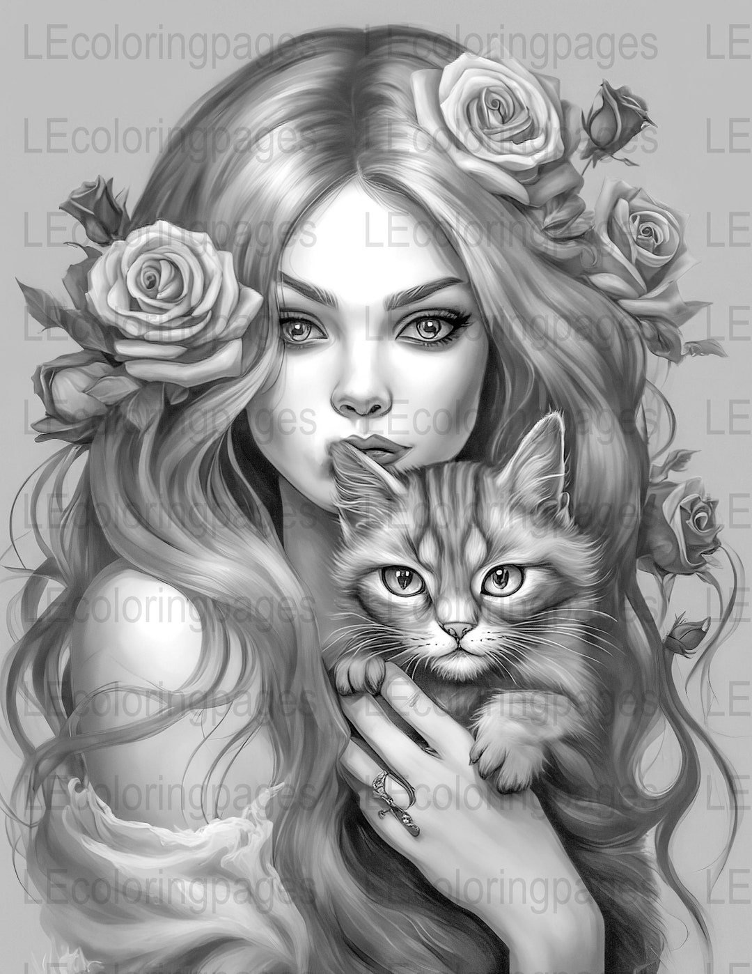 Gothic Cat Girl Grayscale Coloring Page for Adults #12 - Instant ...