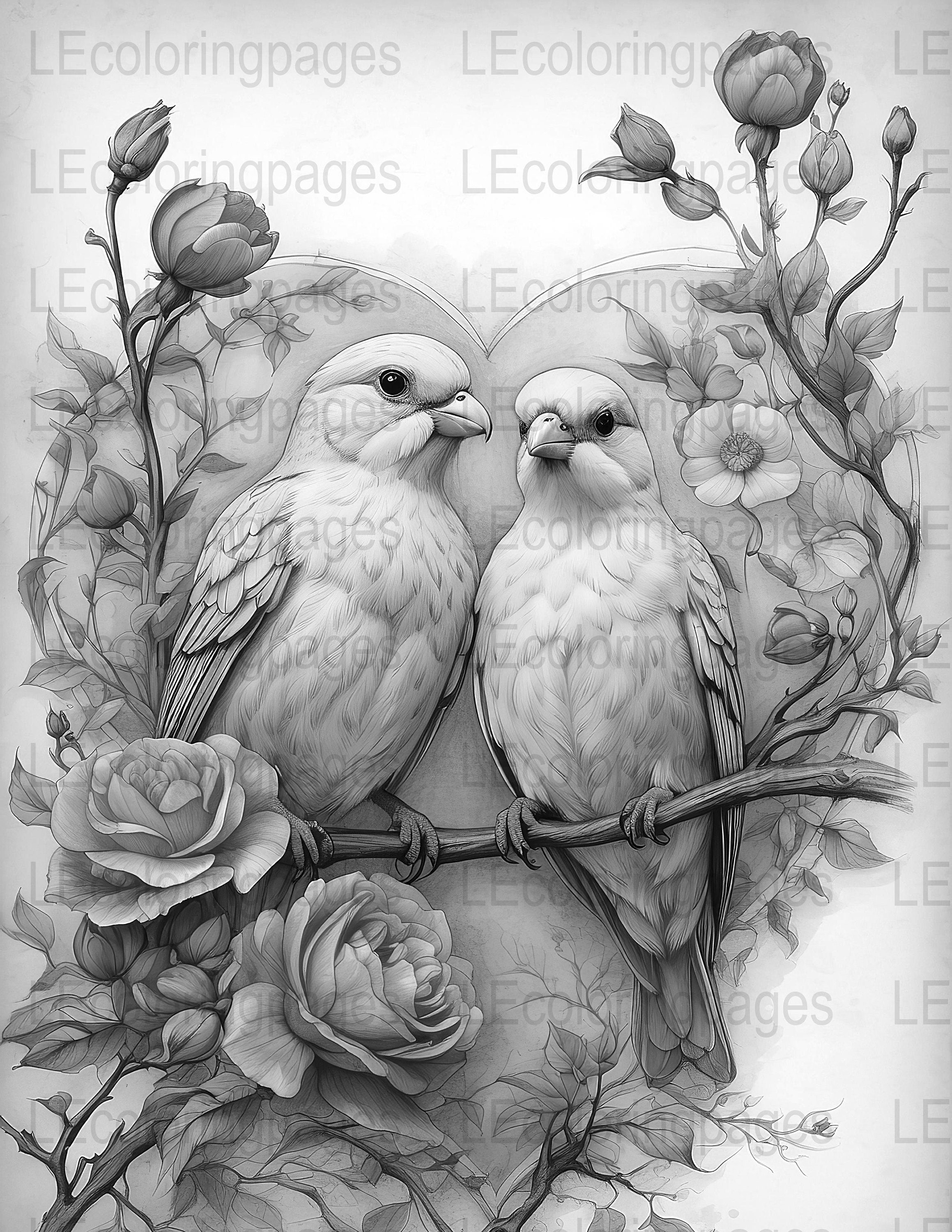 Adult Coloring Page Grayscale Birds and Roses, Love Inspired Relaxing ...