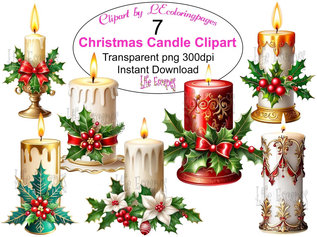 7 Christmas Candle Clipart Set, Transparent PNG Clipart, Commercial Use ...