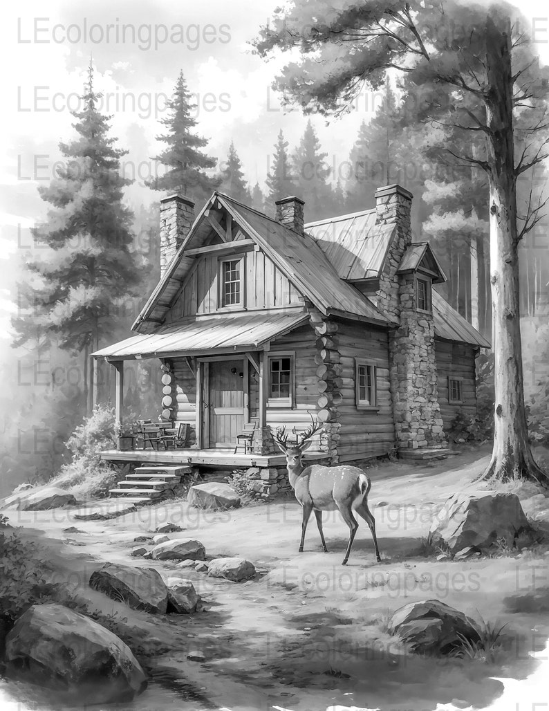 Hunting Cabin Grayscale Coloring Page for Adults 56 Instant Download ...