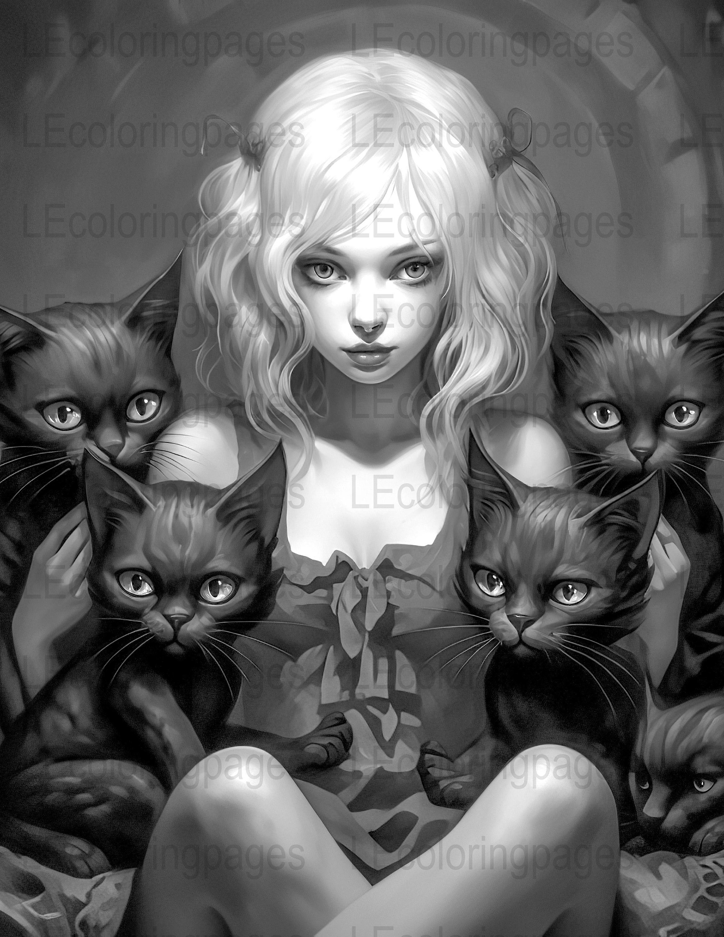 Gothic Cat Girl Grayscale Coloring Page for Adults 82 Instant Download ...