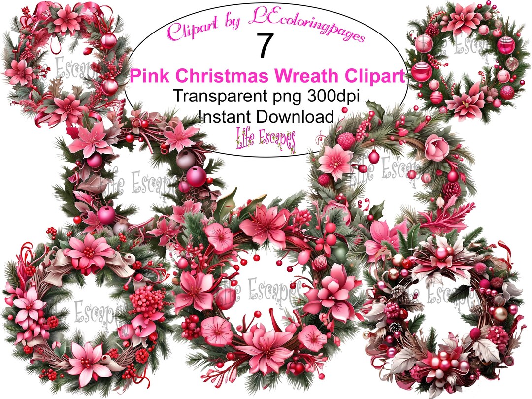 Pink Christmas Wreath Clipart Set, 7 Digital Clipart, Transparent PNG ...