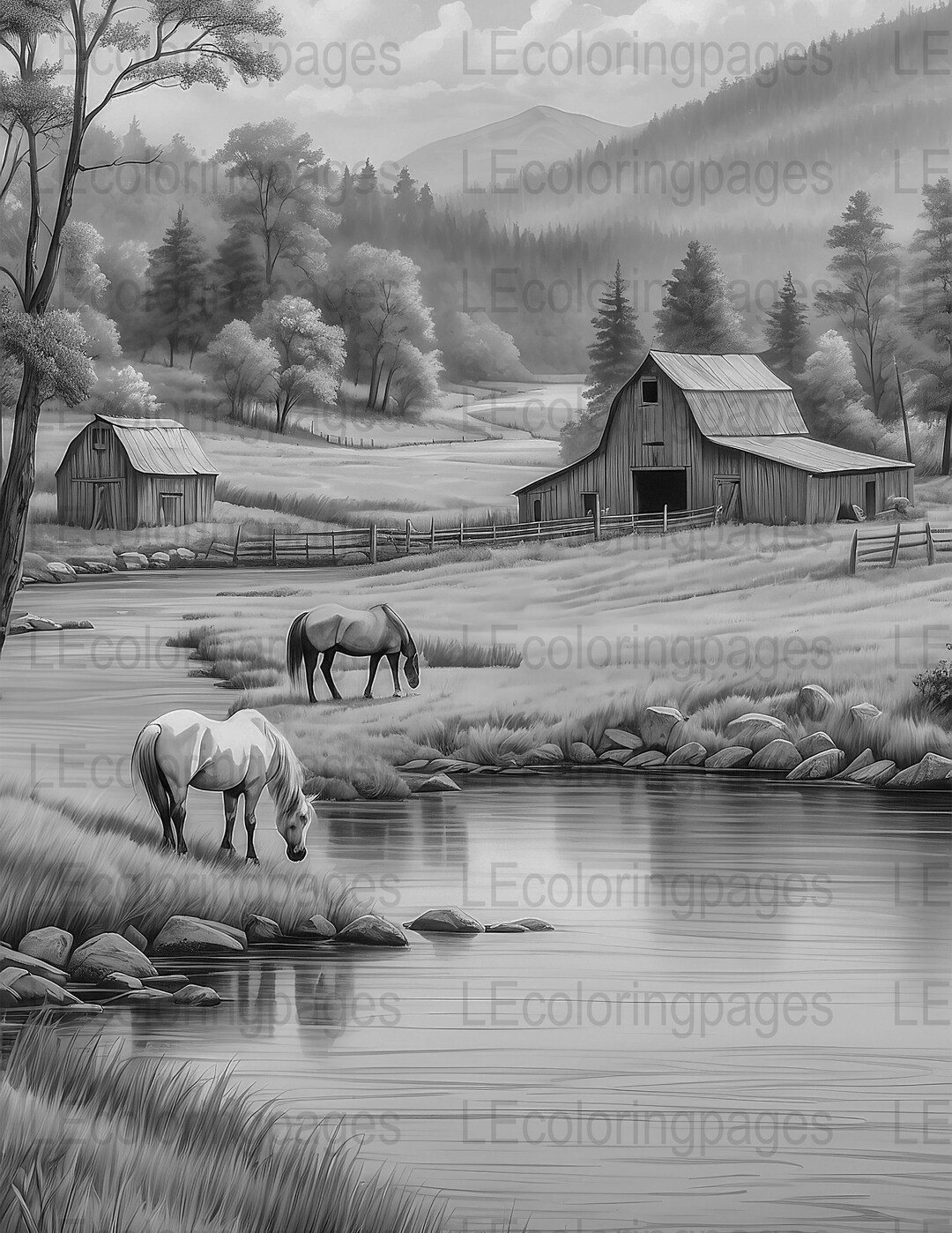 Grayscale Coloring Pages for Adults, Scenic Mountain Farm, 8.5 X 11 In ...