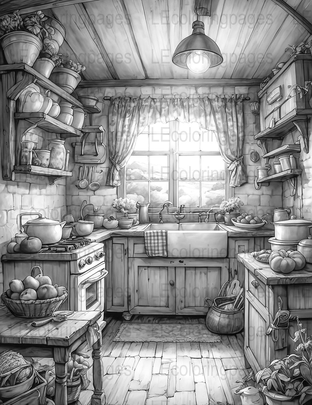 Rustic Kitchen Grayscale Coloring Page, Adult Relaxation, Vintage ...