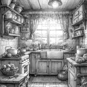 Rustic Kitchen Grayscale Coloring Page, Adult Relaxation, Vintage ...