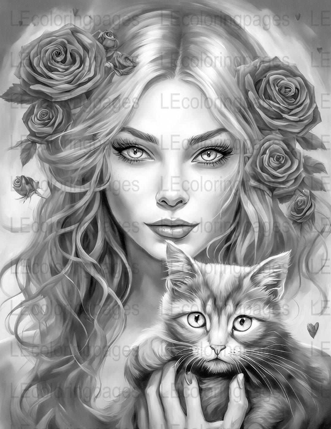 Gothic Cat Girl Grayscale Coloring Page for Adults #14 - Instant ...