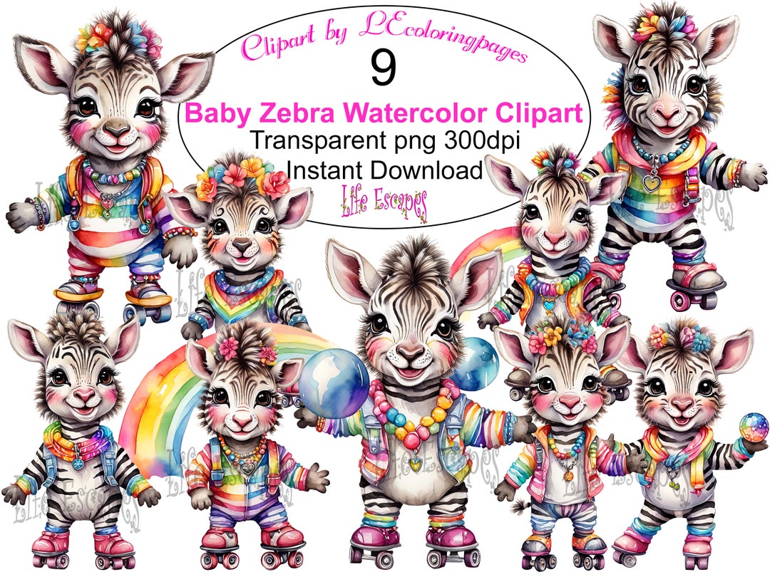 Baby Zebra Watercolor Clipart, Cute Animal Illustrations, Commercial ...