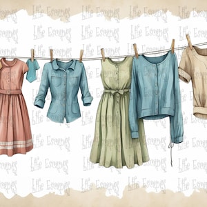 Vintage Laundry Clothesline Clipart Set, Watercolor Clothes ...