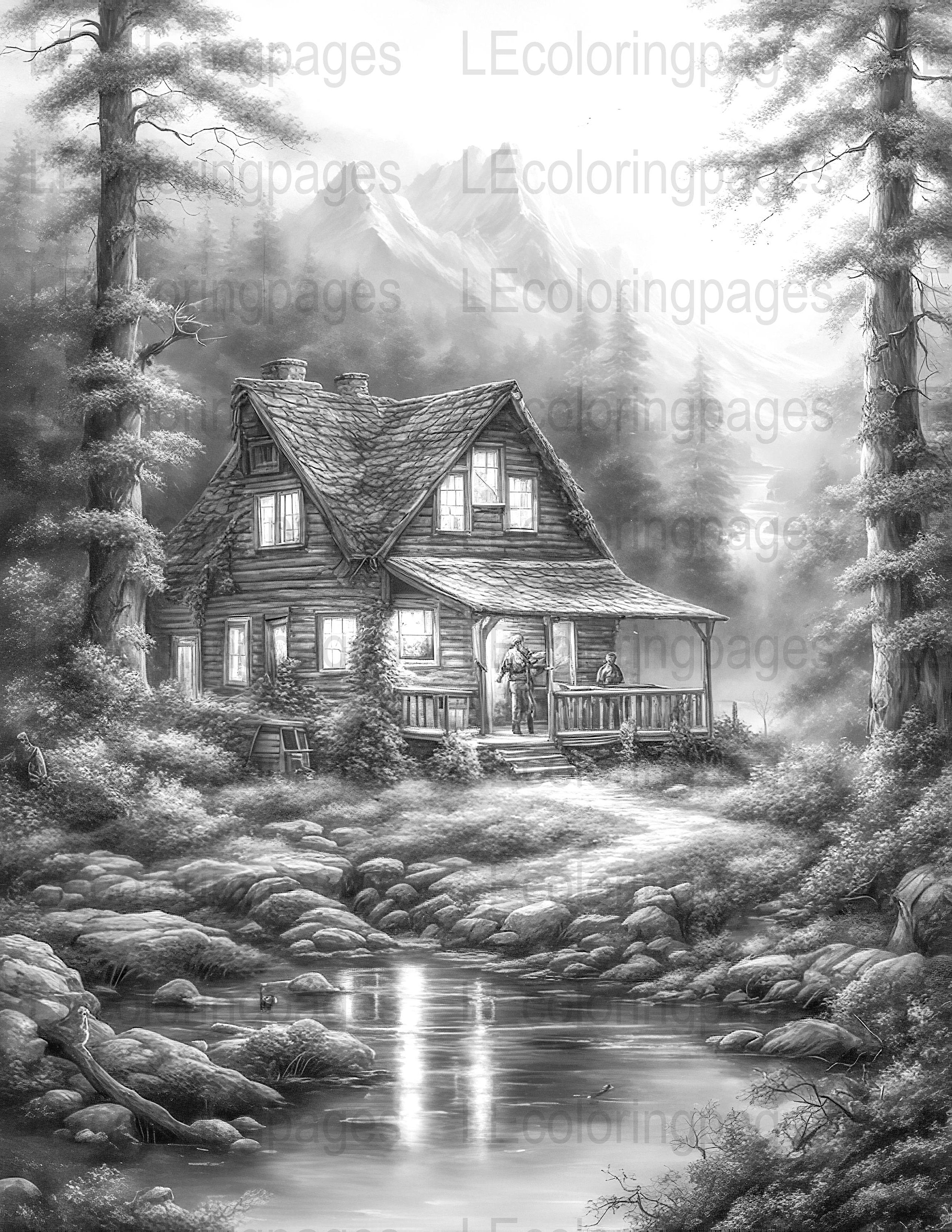 Hunting Cabin Grayscale Coloring Page for Adults 58 Instant Download ...