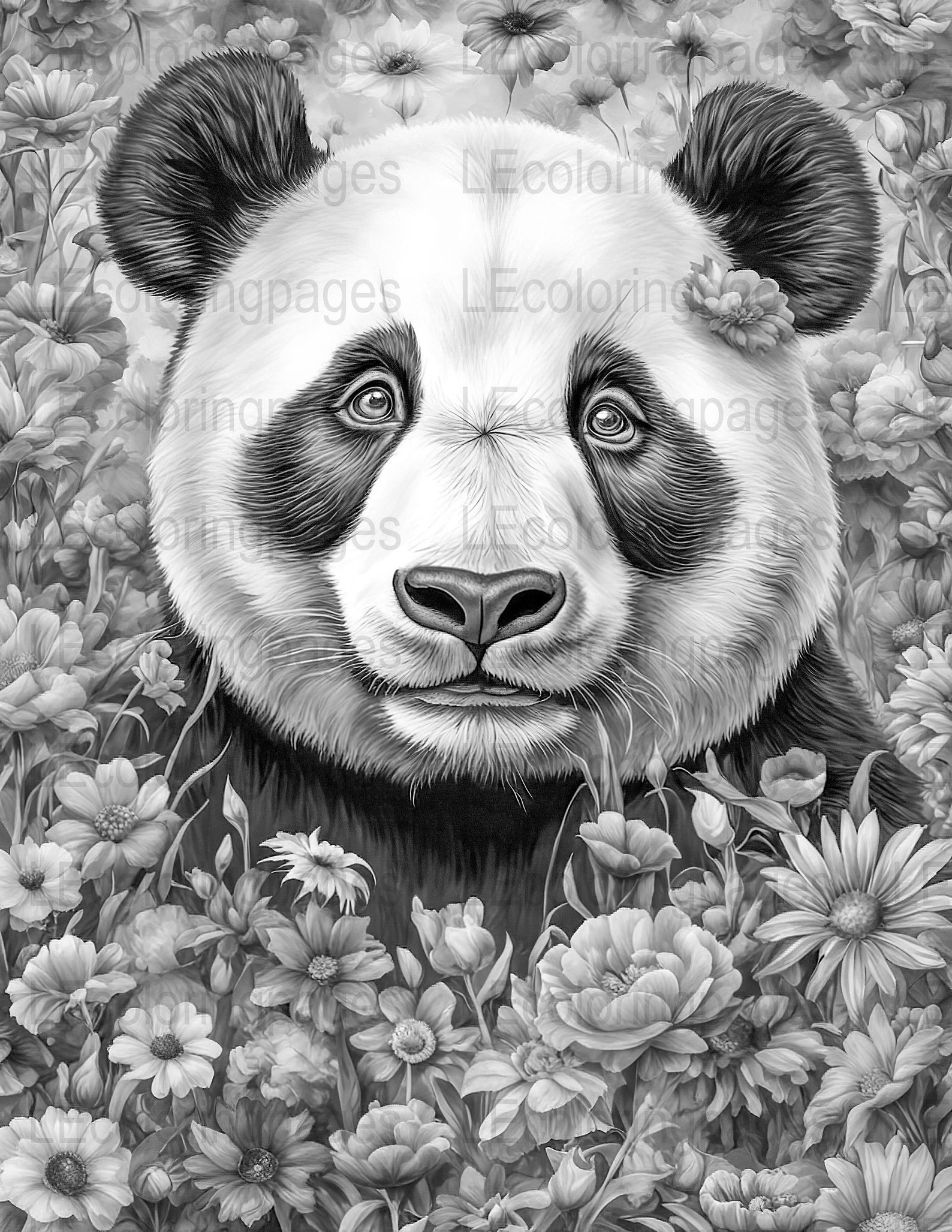 Panda Adult Coloring Page, Printable Grayscale Coloring Sheet, Floral ...