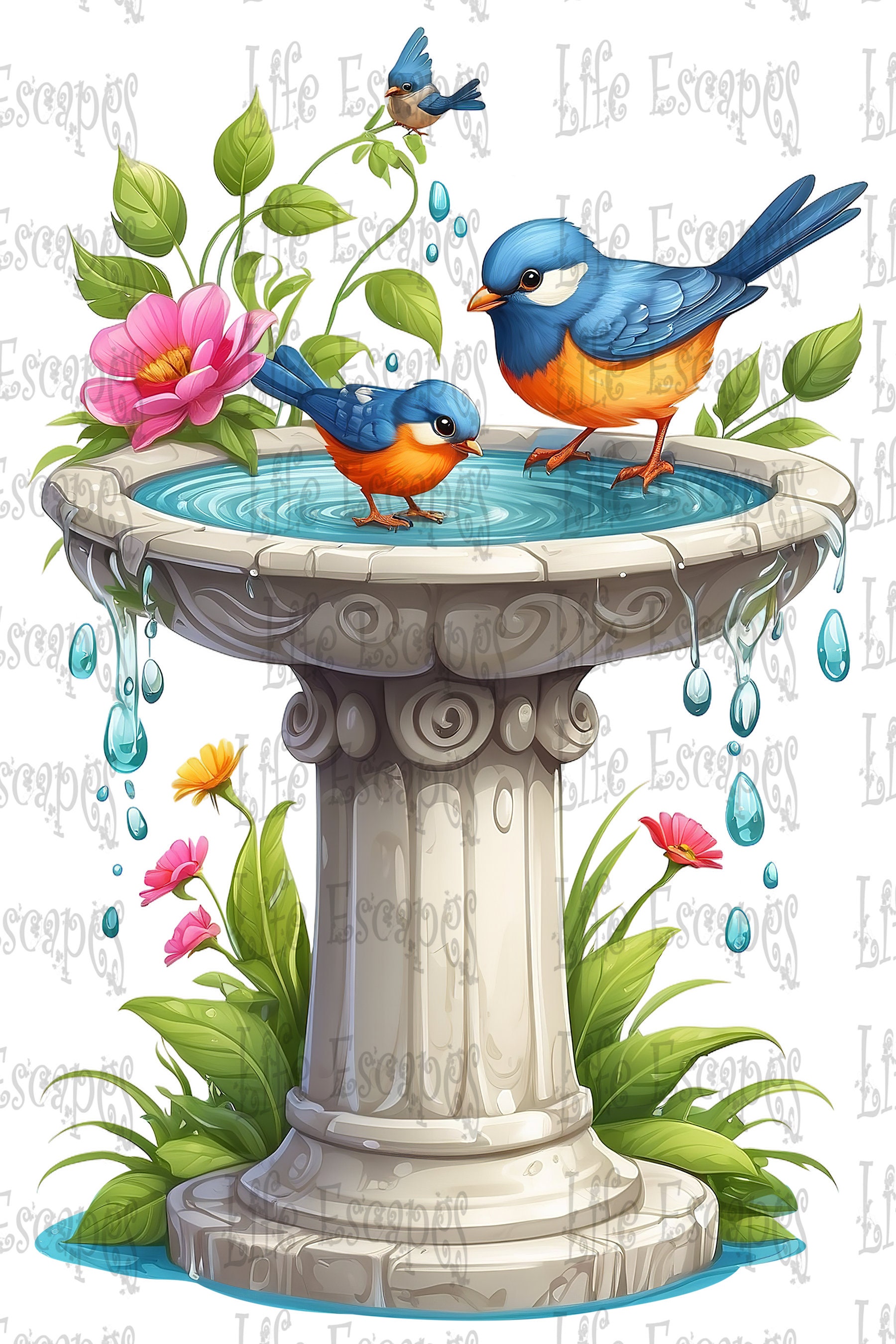 Watercolor Bird Bath Clipart Set, Garden Birds Illustration (digital ...
