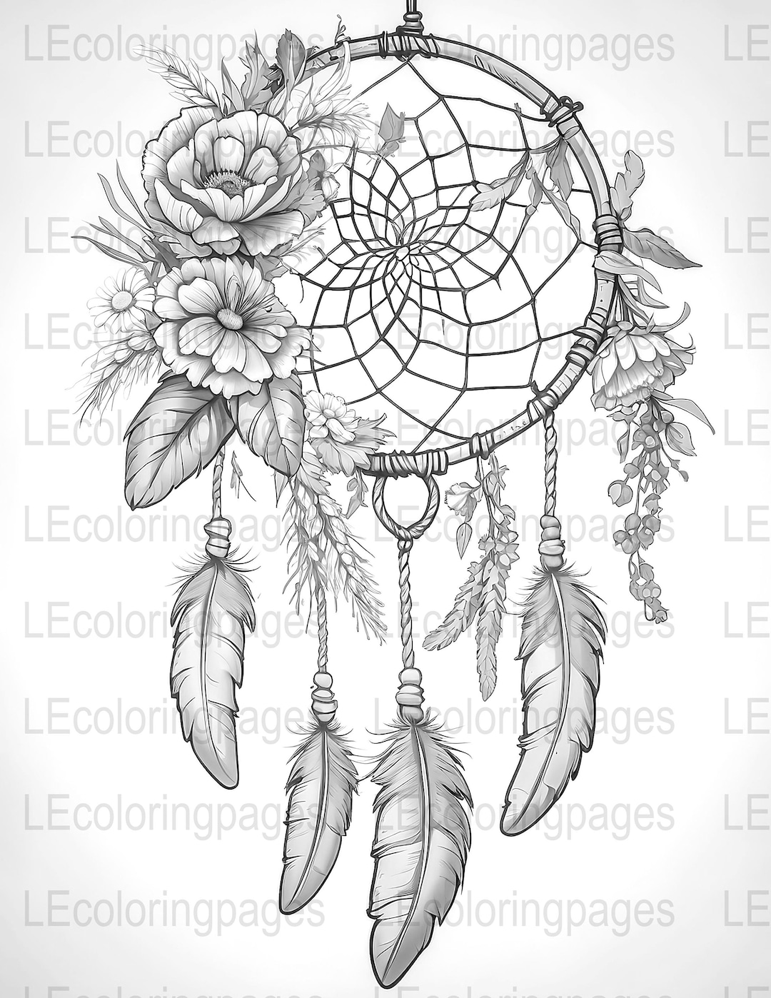 Grayscale Dreamcatcher Coloring Page for Adults, Printable JPG ...