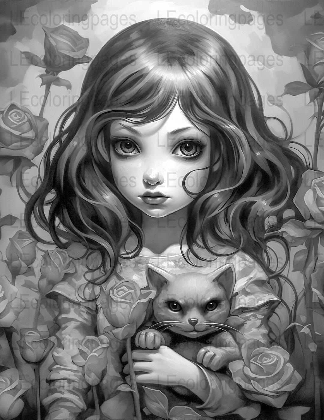 Gothic Cat Girl Grayscale Coloring Page for Adults #92 - Instant ...