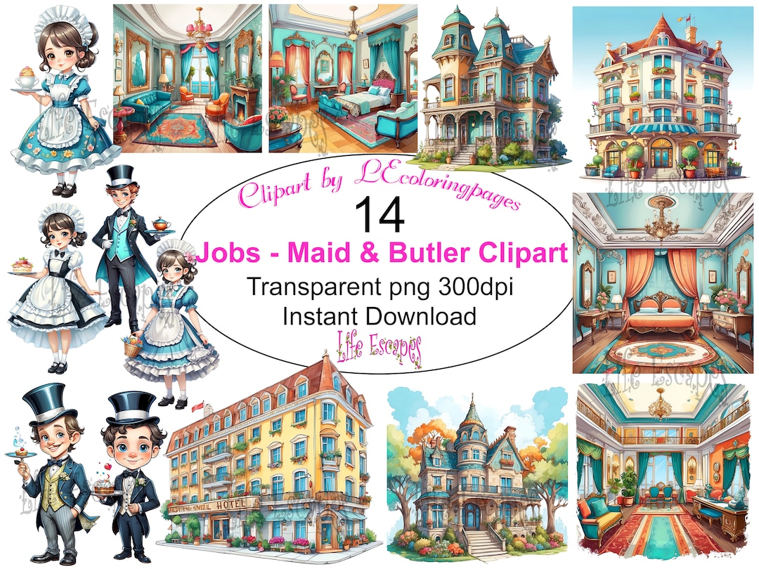Victorian Maid and Butler Clipart, Vintage Household Illustrations ...