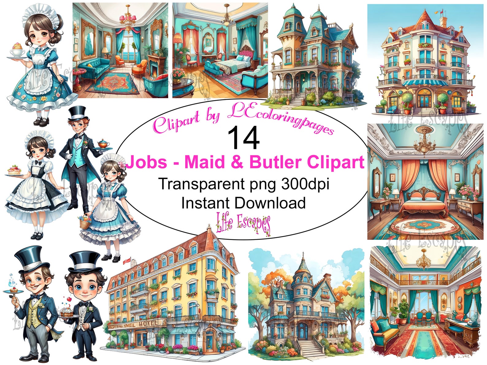 Victorian Maid and Butler Clipart, Vintage Household Illustrations ...