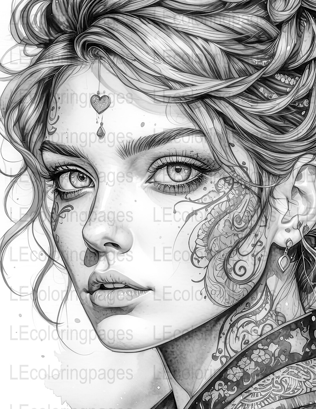 Intricate Grayscale Adult Coloring Page, Beautiful Woman Portrait ...