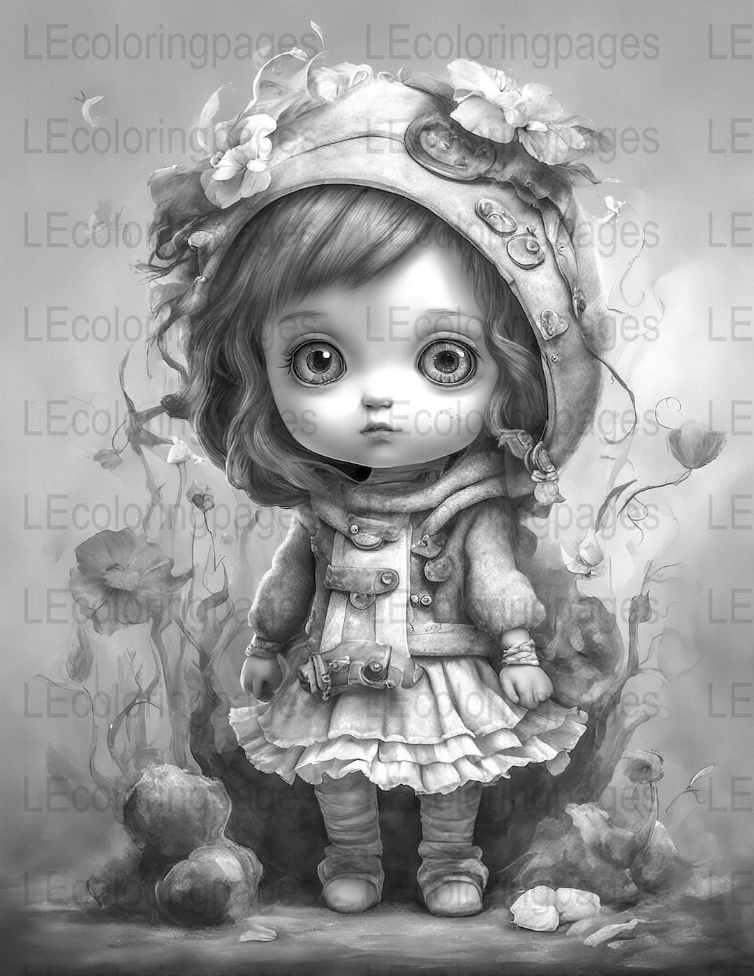 Grayscale Coloring Page for Adults, Vintage Doll Illustration, Relaxing ...