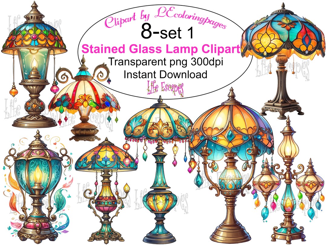 Printable Stained Glass Lamp Clipart Bundle - Set #1, PNG, Commercial ...