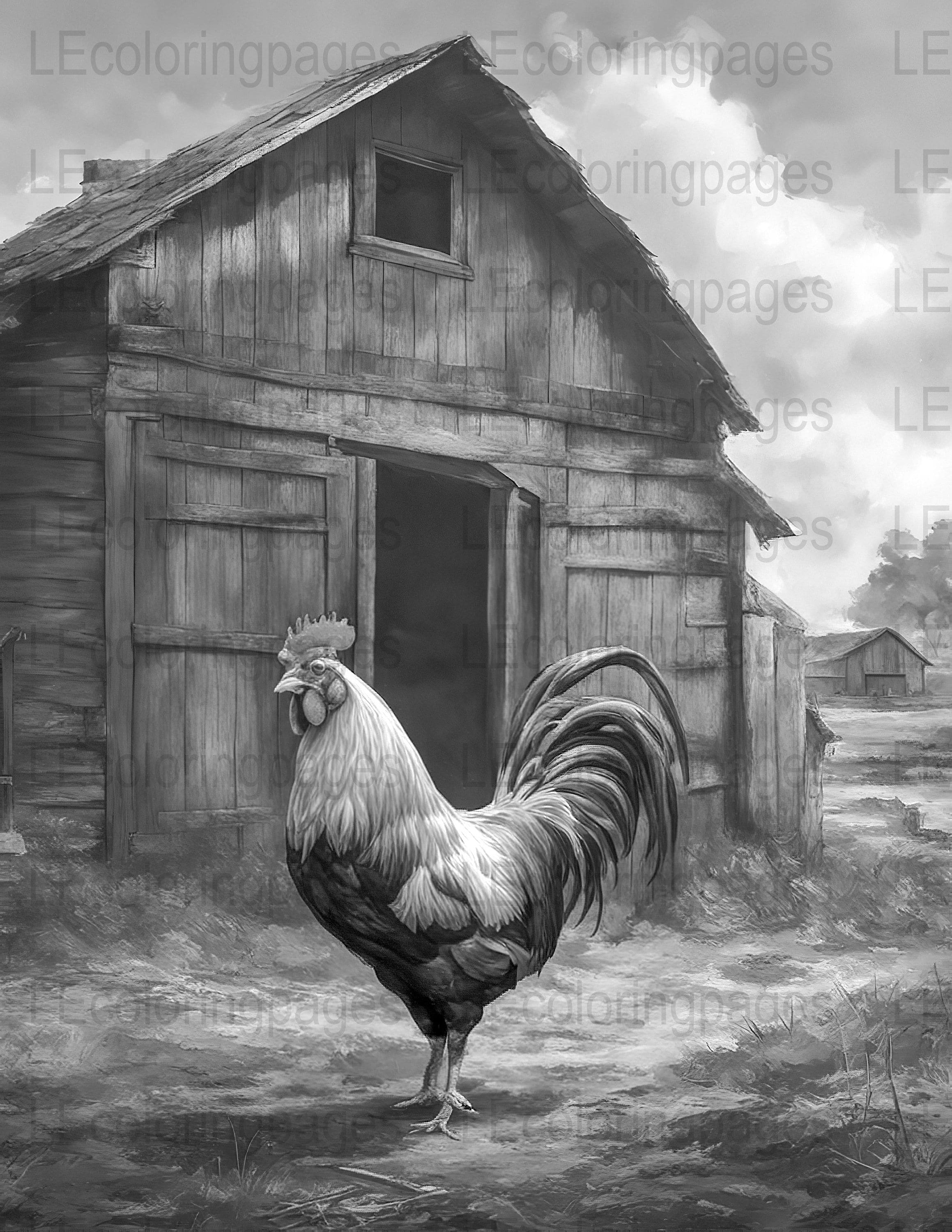 Rustic Farmhouse Rooster Coloring Page, Grayscale Country Scene, Adult ...