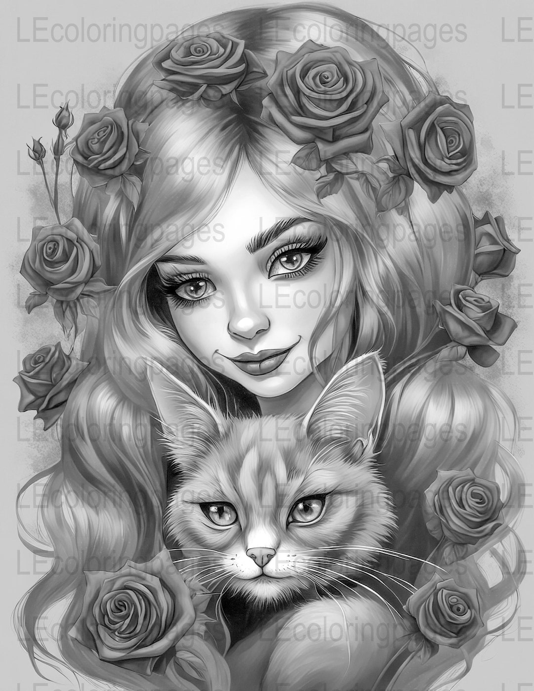 Gothic Cat Girl Grayscale Coloring Page for Adults 26 Instant Download ...