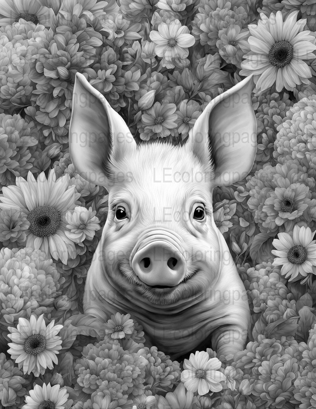 Pig Grayscale Coloring Page, Floral Adult Coloring Printable, Digital ...