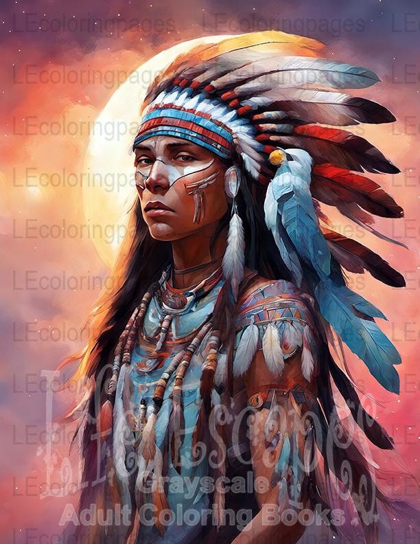 Native American Indians Grayscale Coloring Page for Adults 2 - Etsy