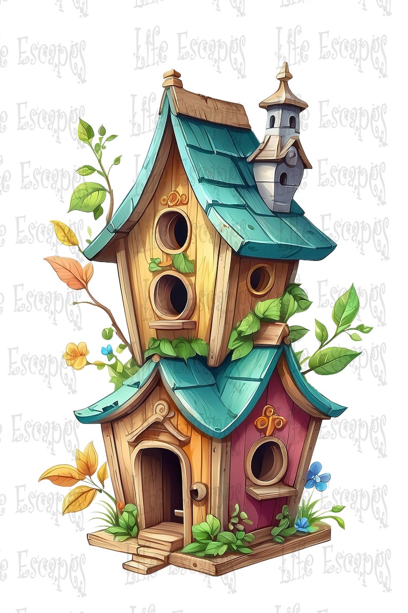 Whimsical Birdhouse Clipart, Colorful Garden PNG Graphics (digital ...