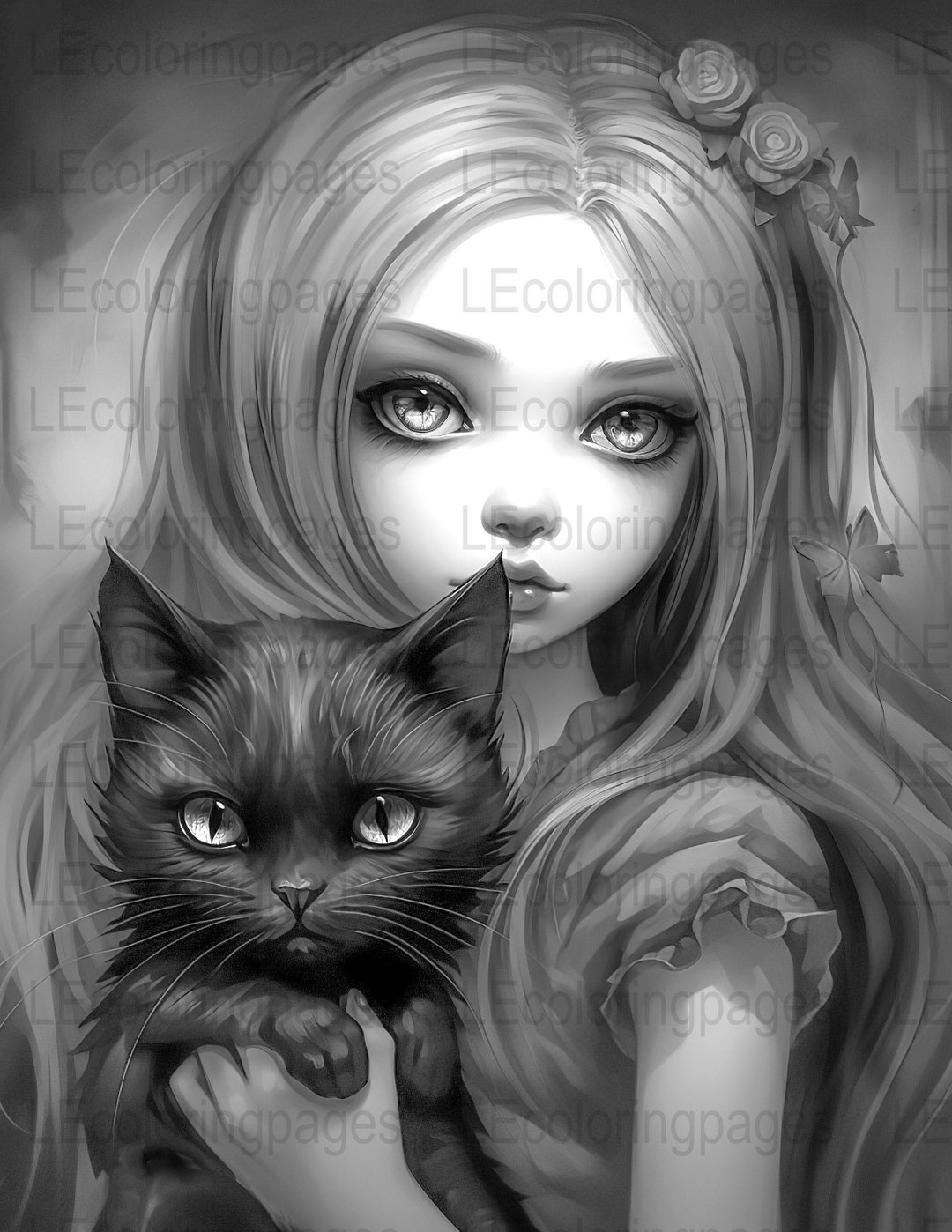 Gothic Cat Girl Grayscale Coloring Page for Adults #80 - Instant ...