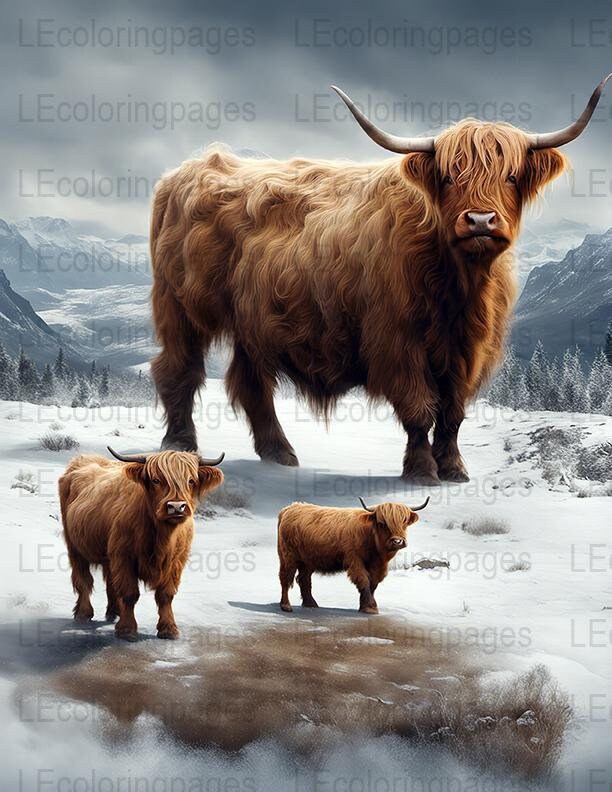 Rustic Farm Animal Adult Coloring Page, Highland Cows, Grayscale ...