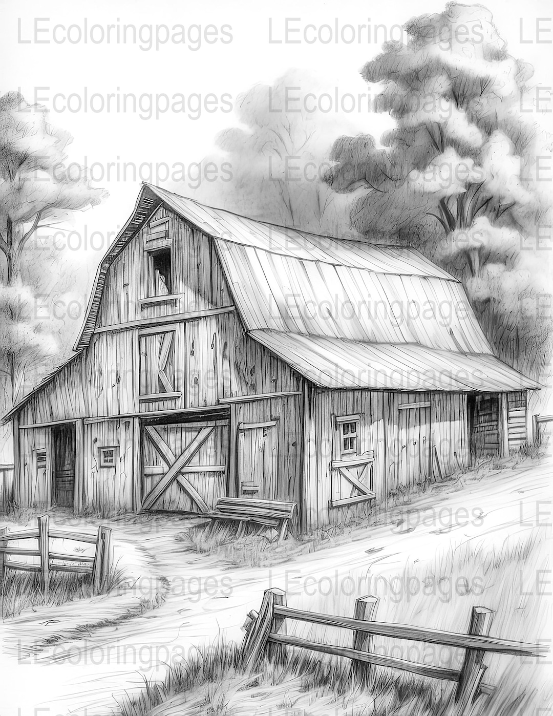 Rustic Barn Grayscale Coloring Page, Digital Download, Countryside ...