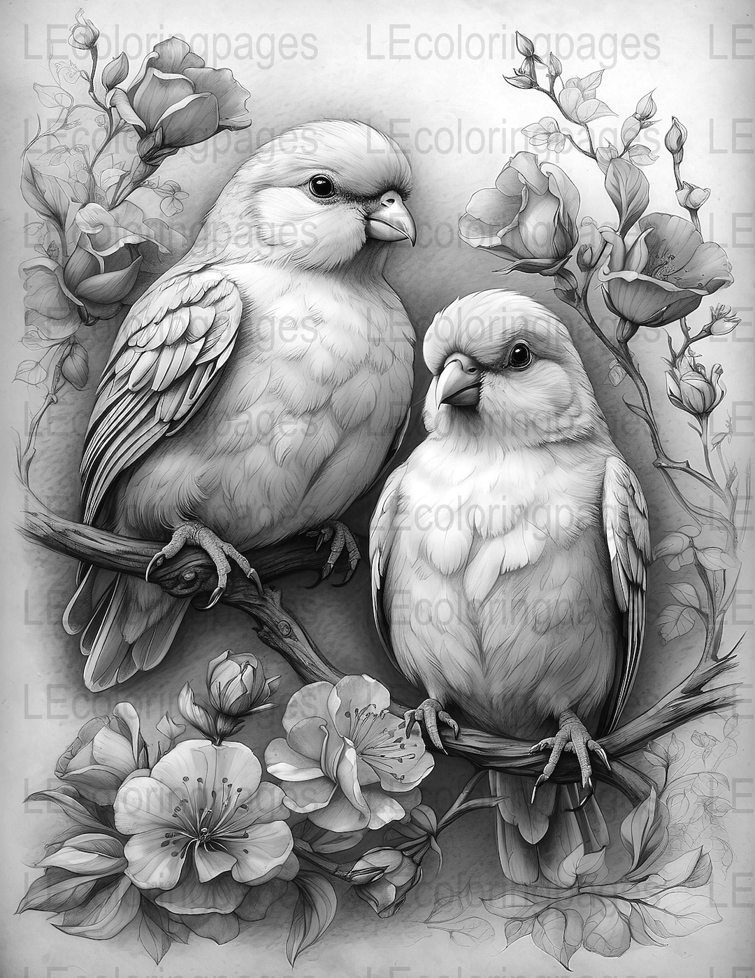 Love Birds Coloring Page, Floral Nature Art (digital Download) - Etsy