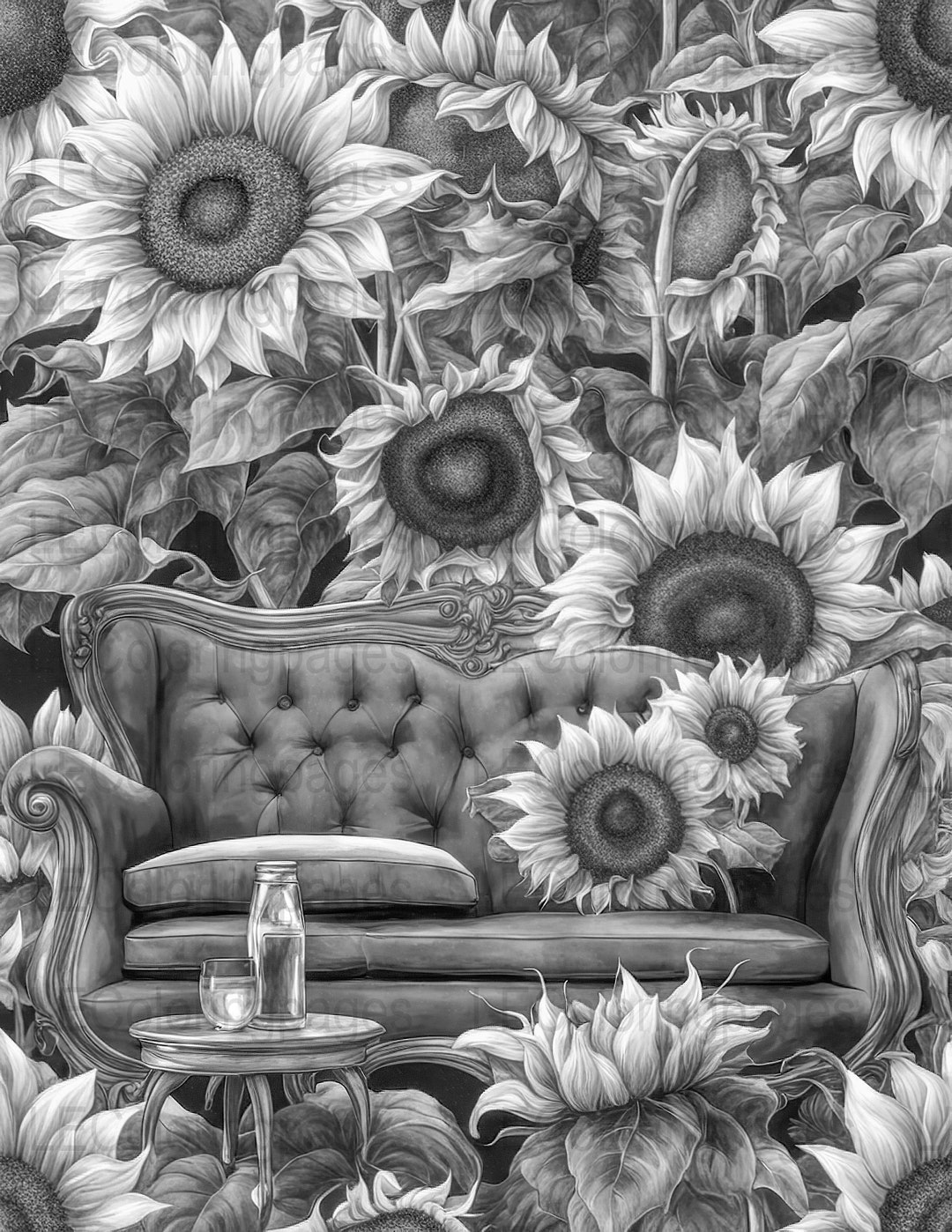 Sunflowers Grayscale Coloring Page for Adults #62 Instant Download ...