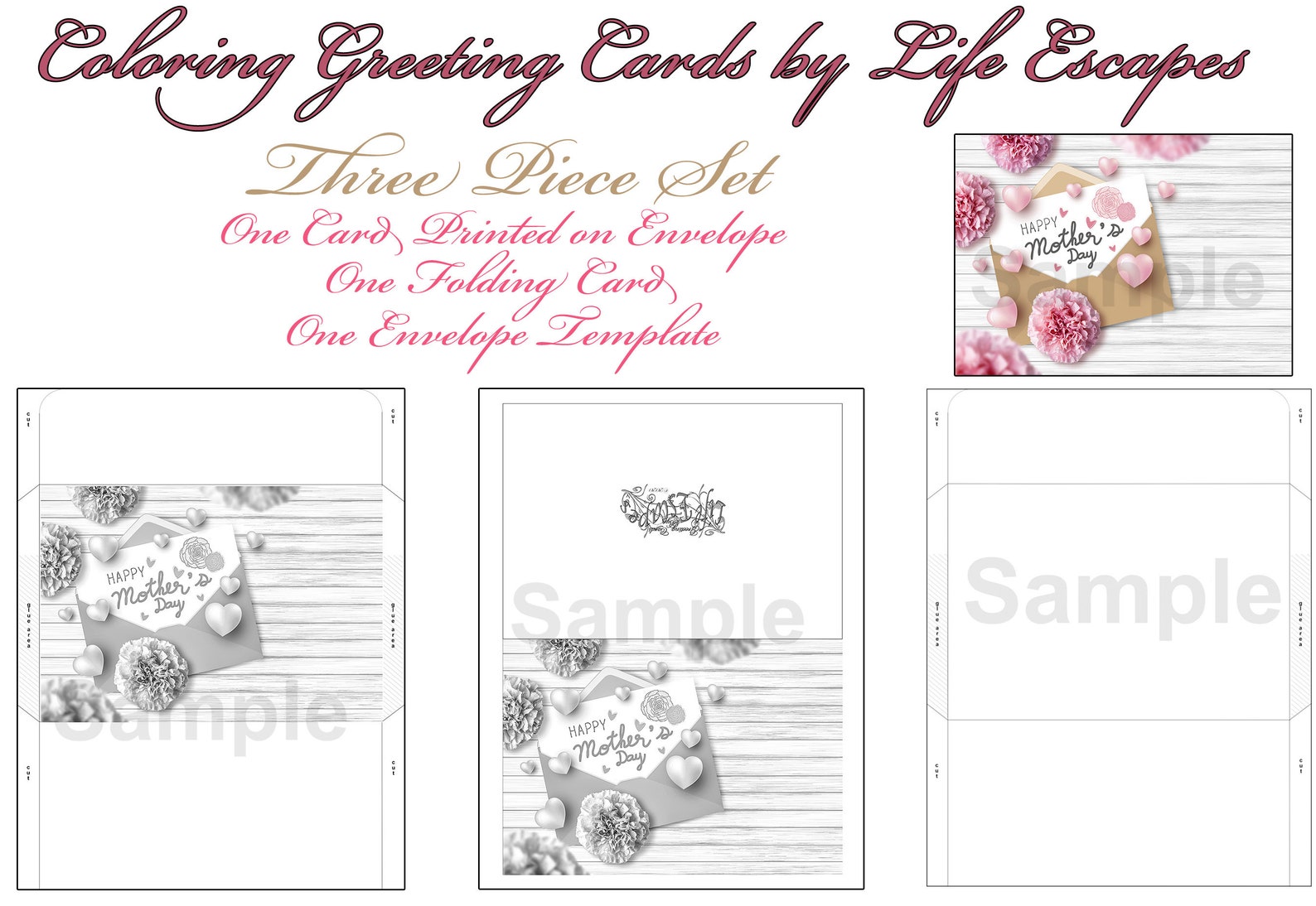 Mother's Day Coloring Greeting Cards #5 - 3 Piece Set, 2 Coloring Cards ...