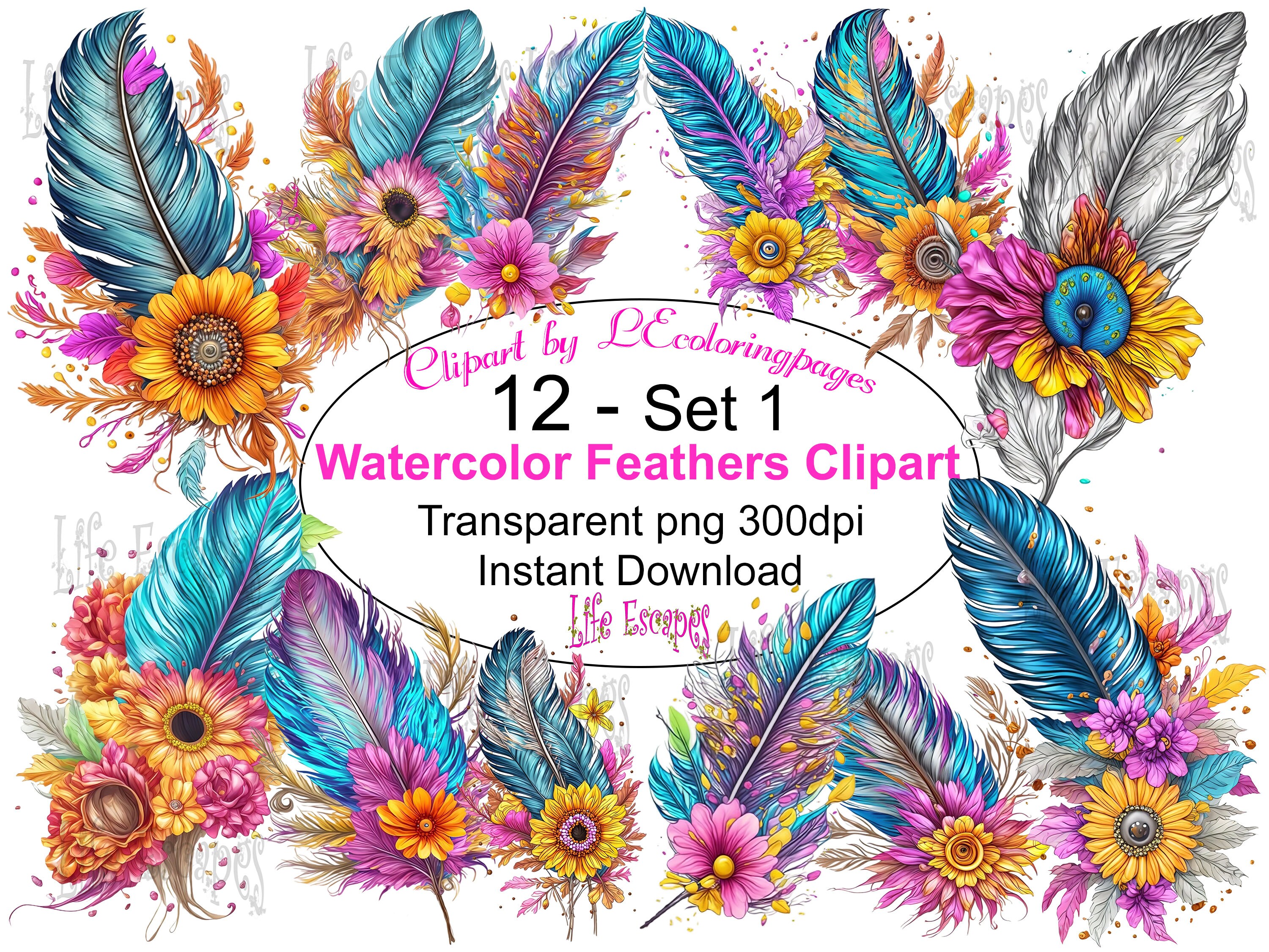 Printable Floral Feathers Clipart Bundle Set 1, PNG, Commercial Use ...