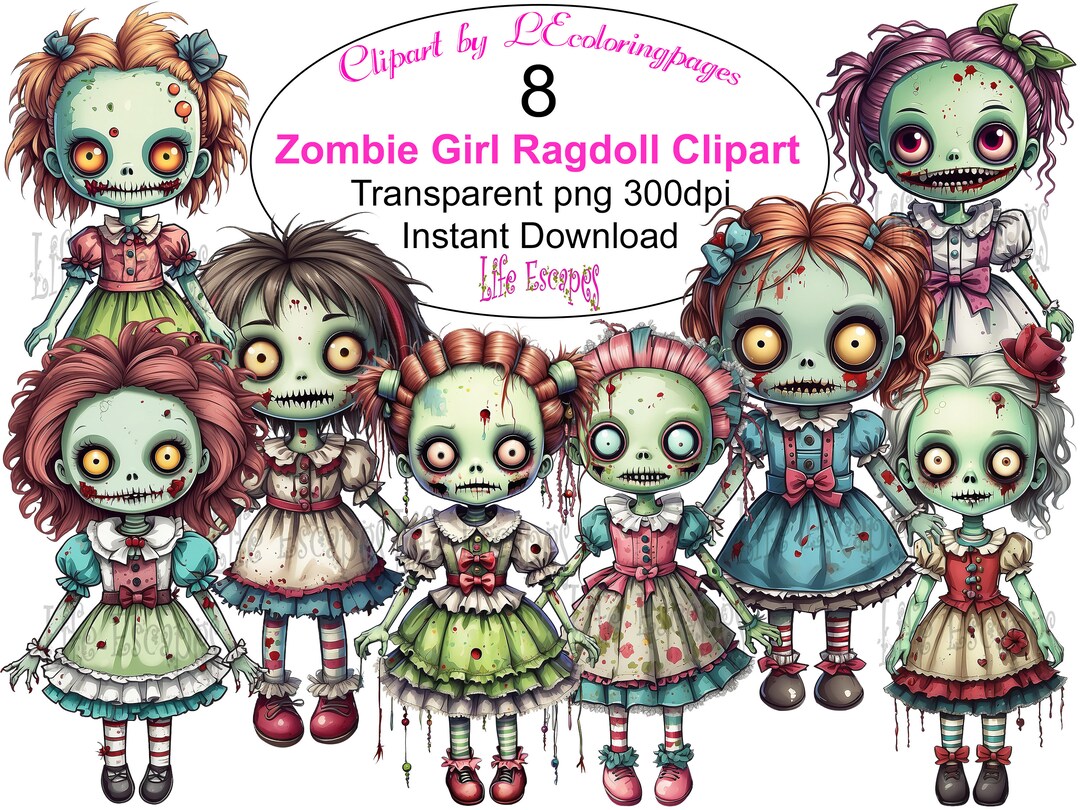 Zombie Girl Ragdoll Clipart Set, 8 PNG Files, Instant Download ...