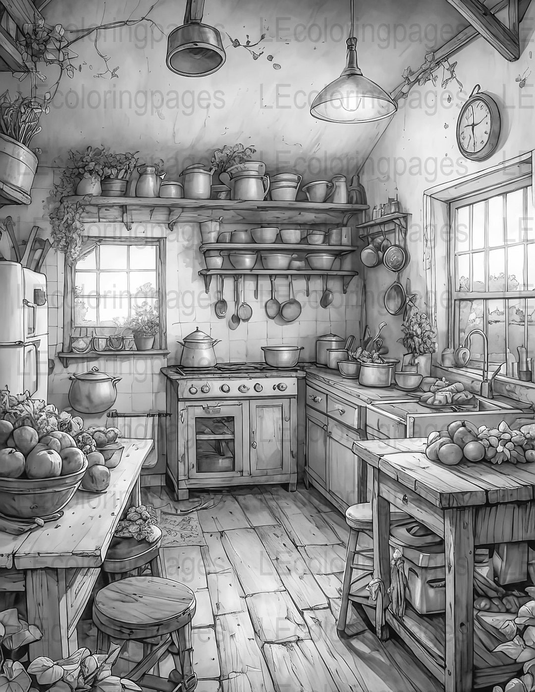 Vintage Kitchen Interior Adult Coloring Page, Grayscale, Printable JPG ...