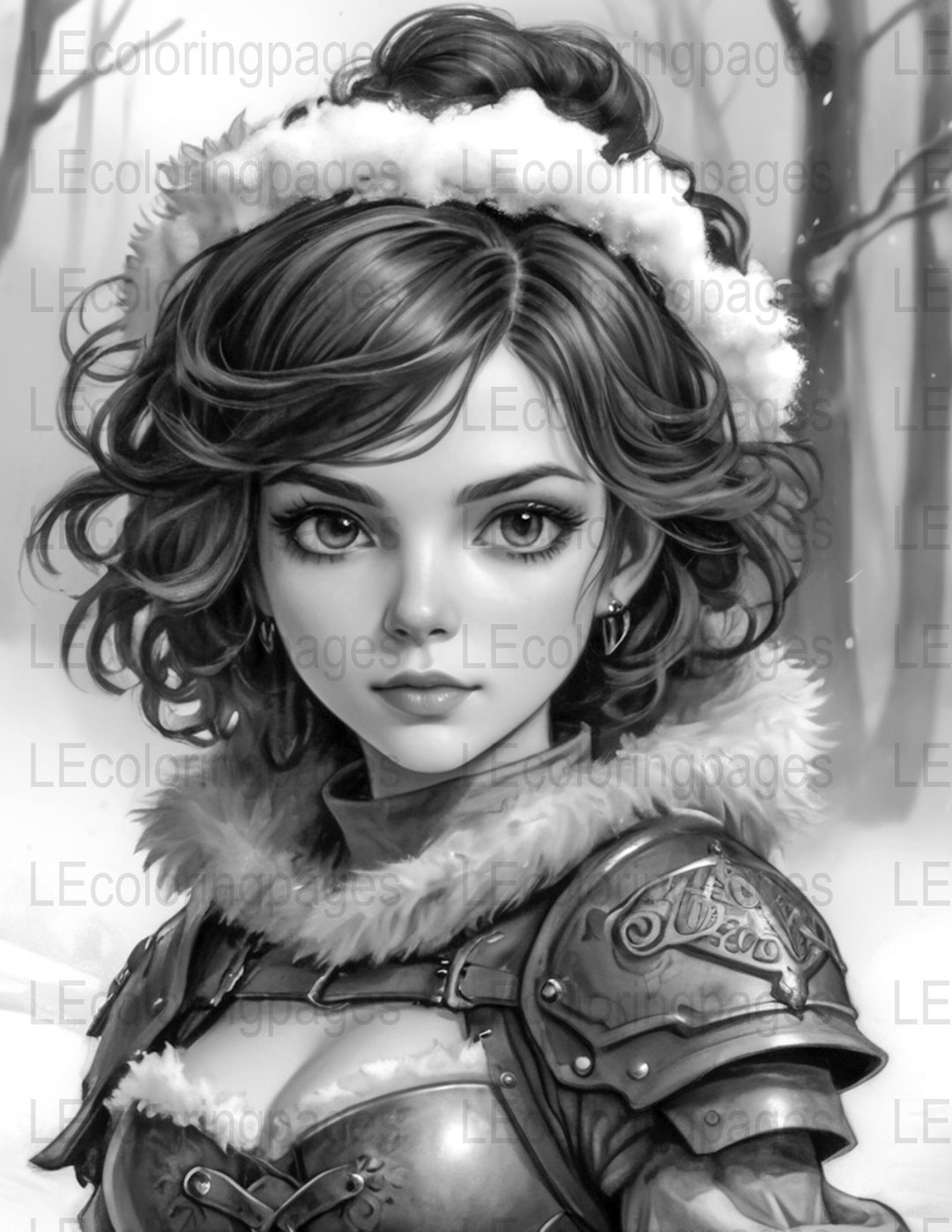 Grayscale Winter Female Warrior Fantasy Adult Coloring Page, Printable Digital Download ...