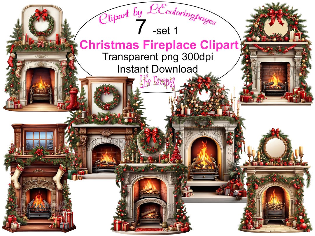 Christmas Fireplace Clipart Set, Commercial Use, POD Use, Instant ...