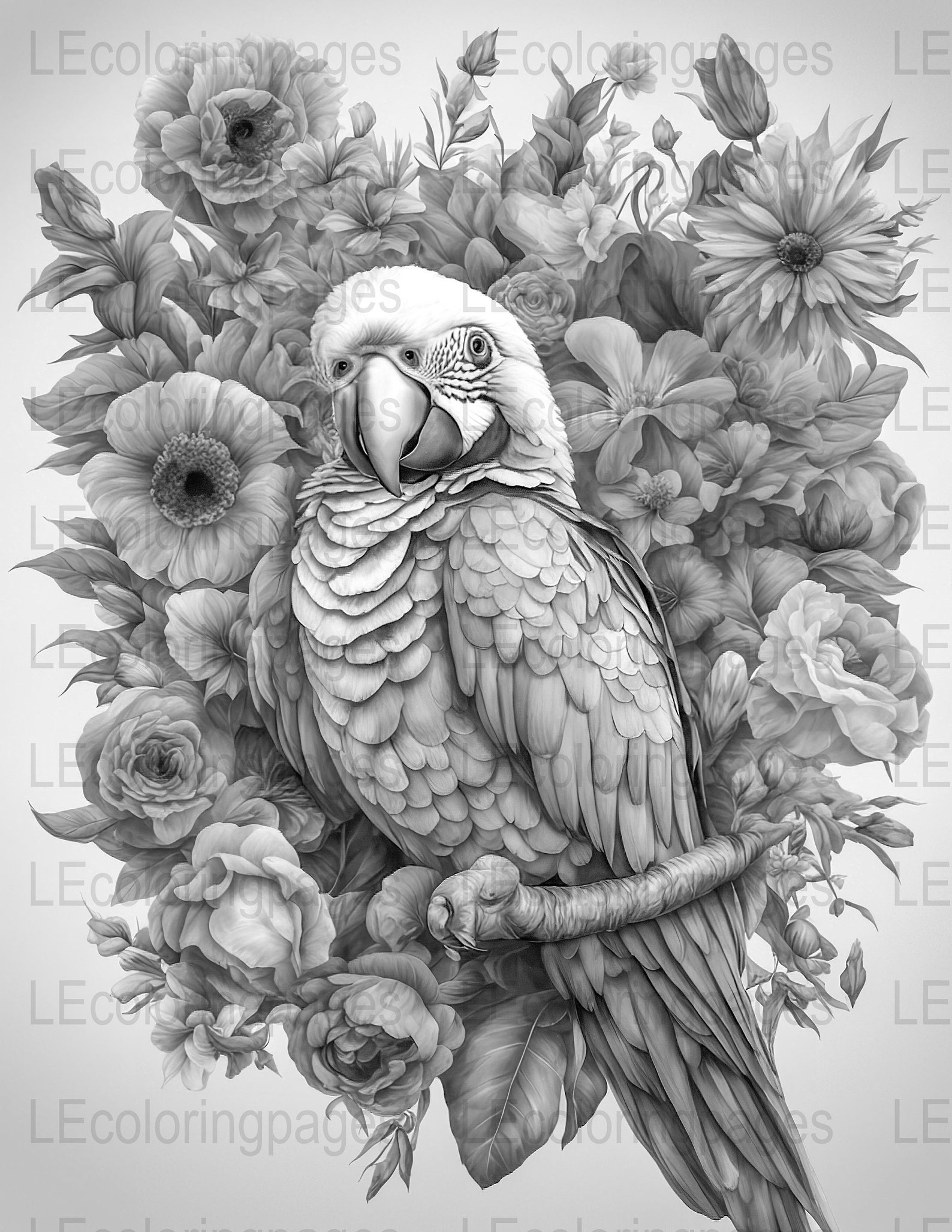 Adult Coloring Page Printable, Grayscale Parrot and Flowers, Relaxing ...